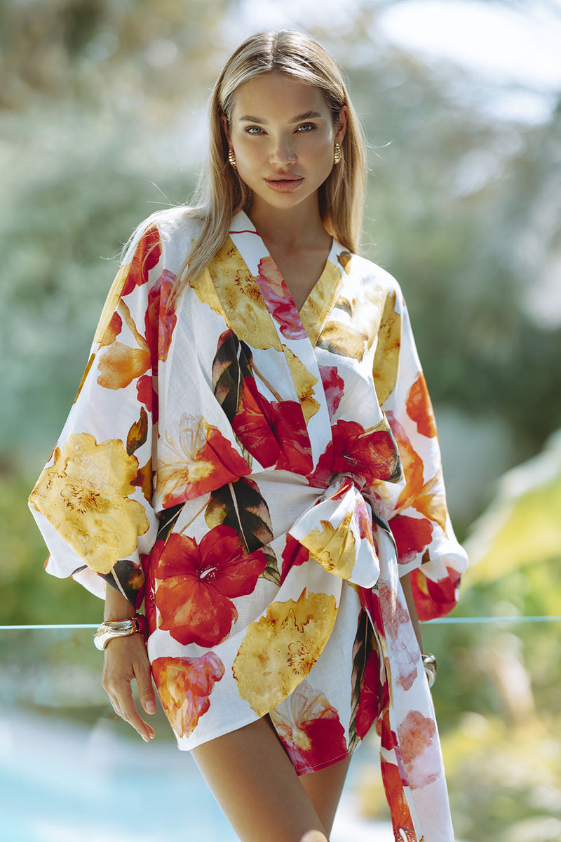 ROMARA LINEN DRESS - FLORAL/ORANGE – CHIC LE FRIQUE - USA